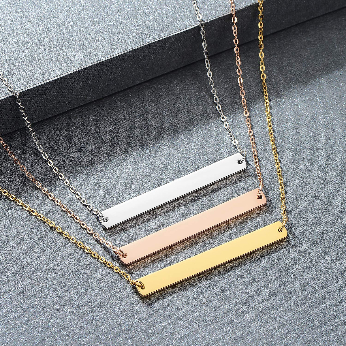 Zillaly Gold Silver Rose Gold Horizontal Bar Necklace Stainless Steel 18K Gold Plated Bar Necklace Ladies Adjustable Chain (White)