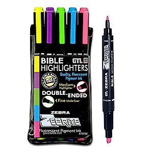 G.T. Luscombe Company, Inc. Zebrite Double Ended Bible Highlighter Set | No Bleed Pigmented Ink | No Fading or Smearing | Double Ended for Highlighting & Underlining | Fluorescent Multicolor (Set of 5)