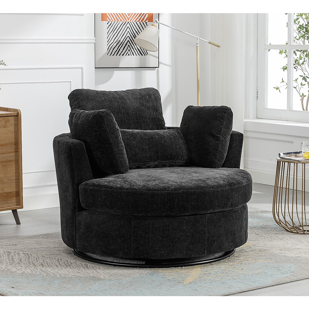 GoDoco Swivel Accent Barrel Chair Wide Chair Body with 3 Pillows for Living Room or Bedroom Hotel Lounge Club Round Chair Modern Sofa (Blue)