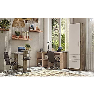 Furinno 11181GYW/BK Compact Computer Desk with Shelves, Round Side, French Oak Grey/Black