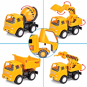 Kids Construction Trucks Toys for 3 4 5 6 Years Old Toddlers Kids, Car Toys Set with Sound and Light, Toy Vehicles in Friction Powered Carrier Truck, Christmas Birthday Gifts for Boys and Girls