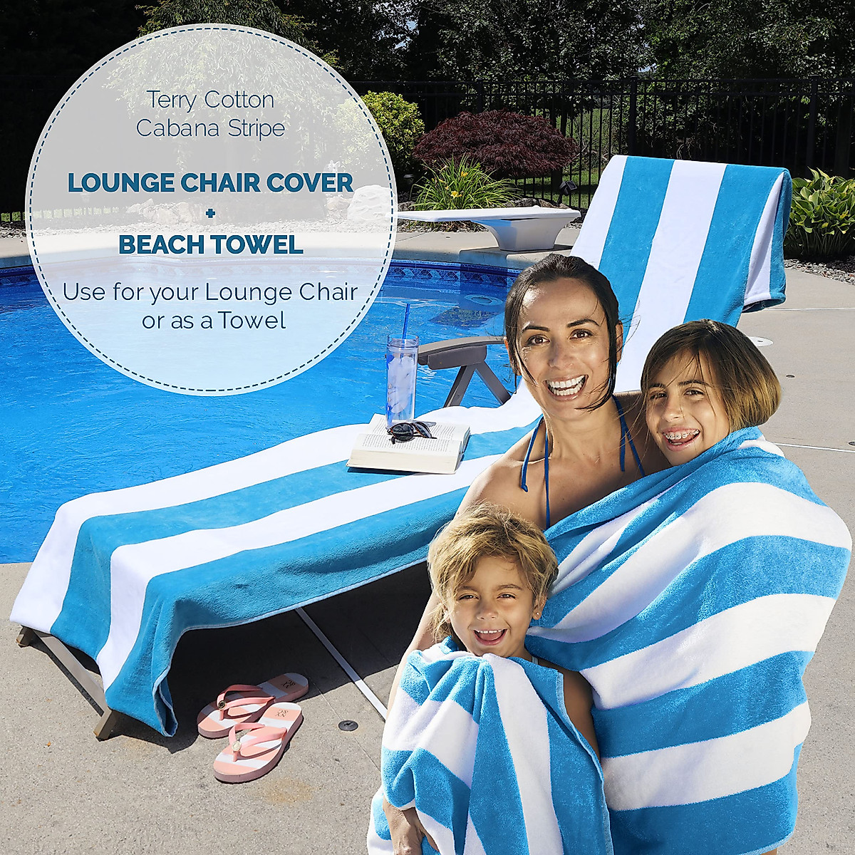 Superior Cabana Cotton Lounge Chair Cover, Outdoor Towel/Chaise Furniture Covers, Terry Cloth, Beach, Spa, Swim Accessories, Pool Chair Cover, Soft, Quick Drying, 32" x 102", Turquoise