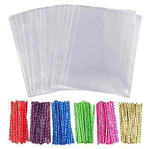 Cellophane Treat Bags 100 Pcs Clear Cello Candy Cookie Lollipop Bakery Dessert Cello Flat Goodie Bag with 100 Twist Ties Resealable 3" x 4"