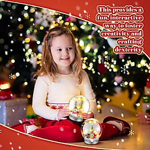 Liliful 24 Sets Lighted DIY Snow Globe Christmas Clear Plastic Snow Globe Kit with Christmas Tree Faux Snow Flake Artificial Pine Cone Santa Claus Snowmen Reindeer Stocking House for Xmas DIY Crafts