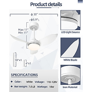 YOUKAIN Ceiling Fans, 30 lnch Small Ceiling fan with Lights and Remote Control, LED Indoor/Outdoor Ceiling Fan with 3 Reversible Blades for Bedroom, Kitchen, Patio, White, 30-YJ652-WH