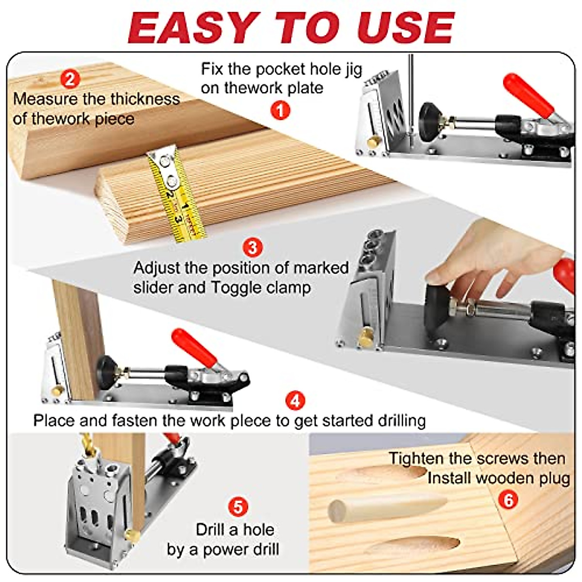 Pocket Hole Jig Kit, Stable Pocket Screw Jig, Precise 15° Pocket Hole Dowel Drill Guide Drill Jig for Angled Holes, Joint Angle Tool Carpentry Locator, Hole Screw Clamp System for Woodworking