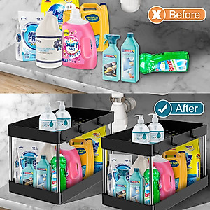 2 Pack Under Sink Organizer,2 Tier Under Sink Organizers and Storage,Under Cabinet Organizer with Hooks,Multi-Purpose Standing Rack Organizer for Bathroom Kitchen