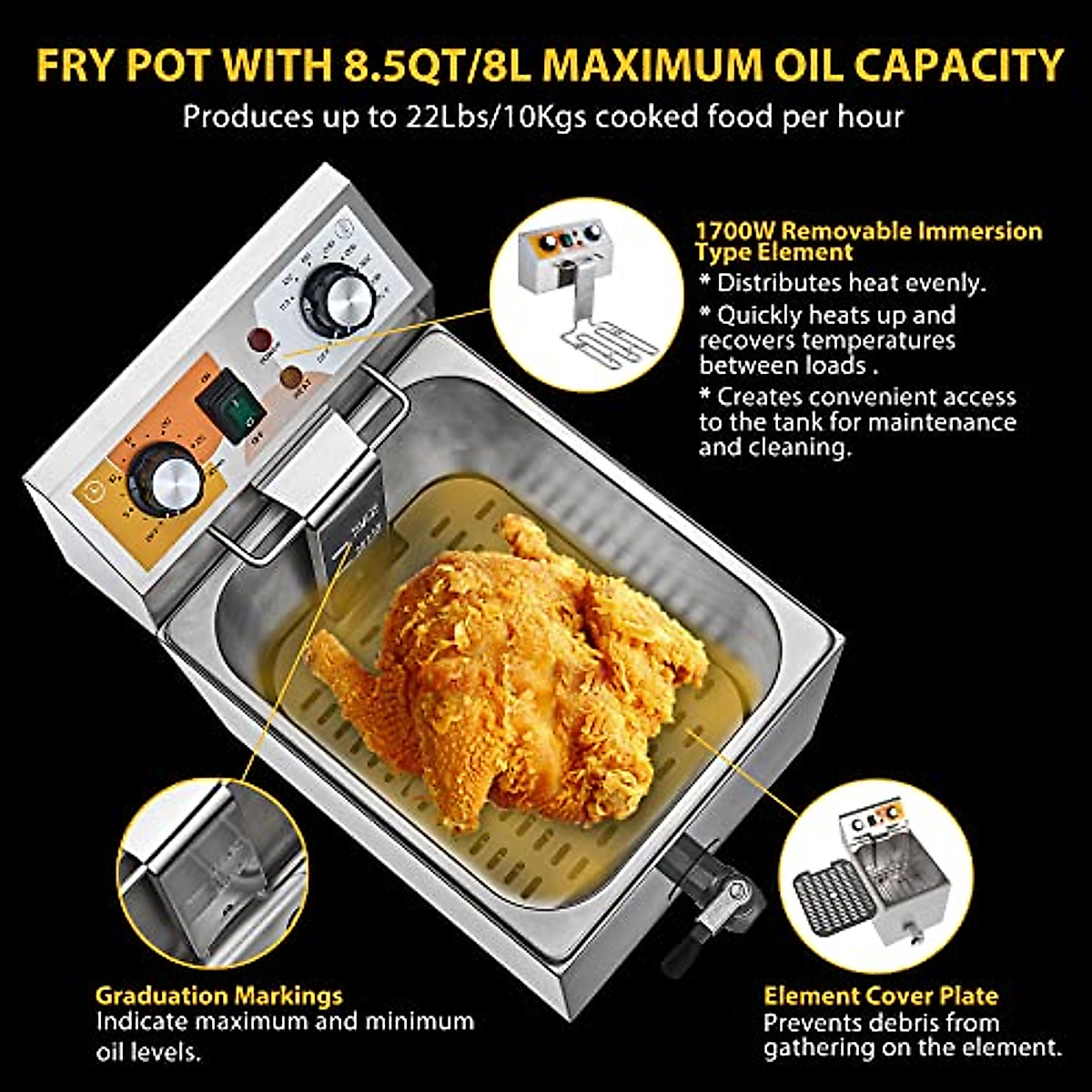 Festa Essential 14 Qt. Electric Countertop Commercial Deep Fryer with 6.8 Qt. Basket, for Restaurant and Home - 120V, 1700W, Stainless Steel Build