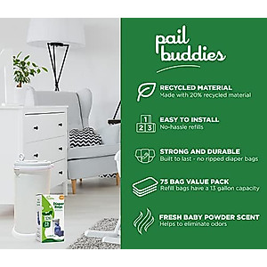 Disposable Diaper Pail Refills Compatible with Ubbi Diaper Pail | Diaper Pail Refill Bags made with Recycled Material | Fresh Powder Scent for Odor Control | Disposable Diaper Trash Bags (75 Count)