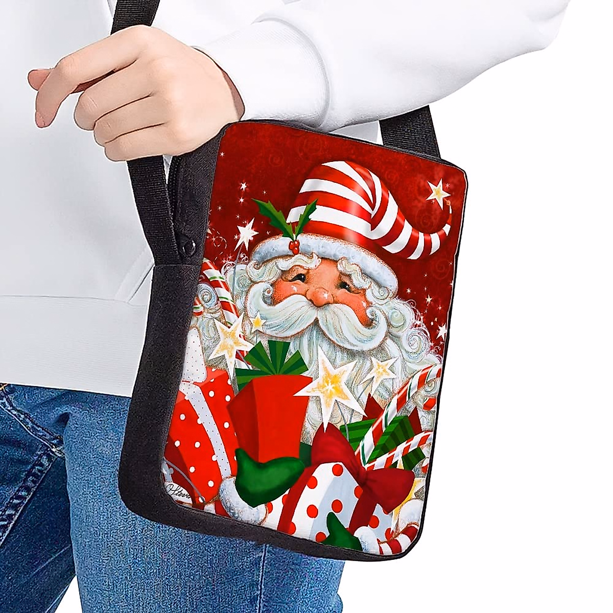 Bigcardesigns Christmas Messenger Bags for Adult Kids,Cute Santa Claus Printed Sling Crossbody Bag for Ladies Girls Outdoor Travel Purse Shoulder Handbag Satchel