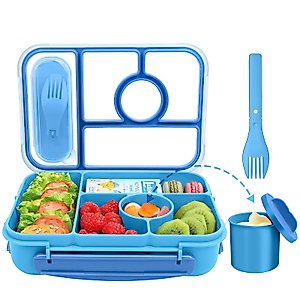 Demiue Lunch Box, Bento Box, Lunch Containers for Adults/Kids/Toddler,5 Compartments Bento Lunch Box with Sauce Vontainers,Microwave & Dishwasher & Freezer Safe,BPA Free(Blue)