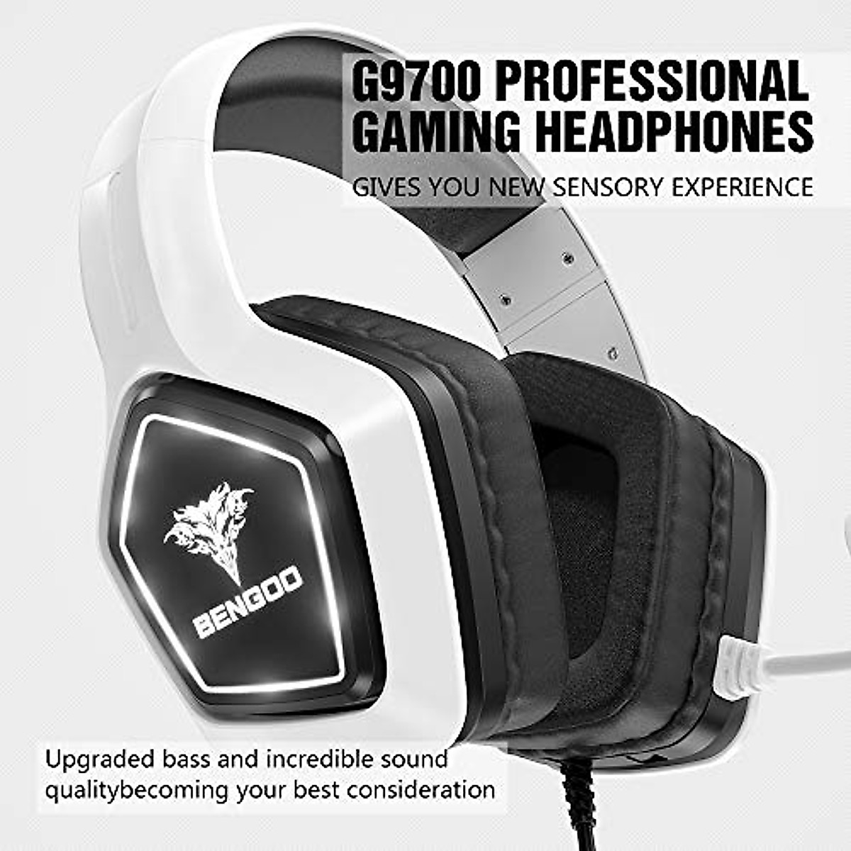 BENGOO G9700 Gaming Headset Headphones for PS4 PS5 Xbox One PC Controller, Noise Canceling Over Ear Headphones with Mic, White LED Light, Bass Surround Sound for Sega Genesis Game Boy