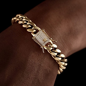 TRIPOD JEWELRY 14K Gold Plated Miami Cuban Link Chain Bracelet with Diamond Clasp 8mm,10mm,12mm,14mm Stainless Steel Iced Out Cuban Link Chain Bracelet for Men Women (14K gold - 12mm, 8.50)