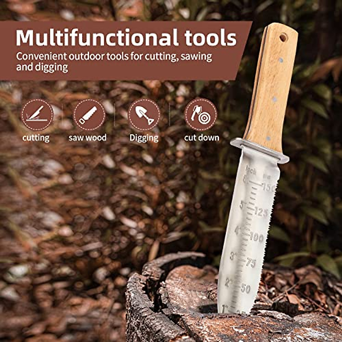 Hori Hori Garden Knife Japanese Stainless Steel, 7'' Durable Gardening Tool for Weeding, Digging, Cutting & Planting with Leather Sheath