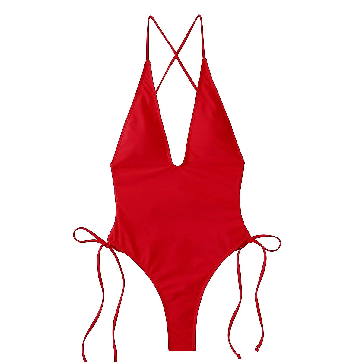 Lilosy Sexy Push Up Plunge Backless Tie Side High Cut Leg Thong Cheeky Brazilian One Piece Bikini Swimsuit Women Open Back Bathing Suit Criss Cross Monokini String Red Medium