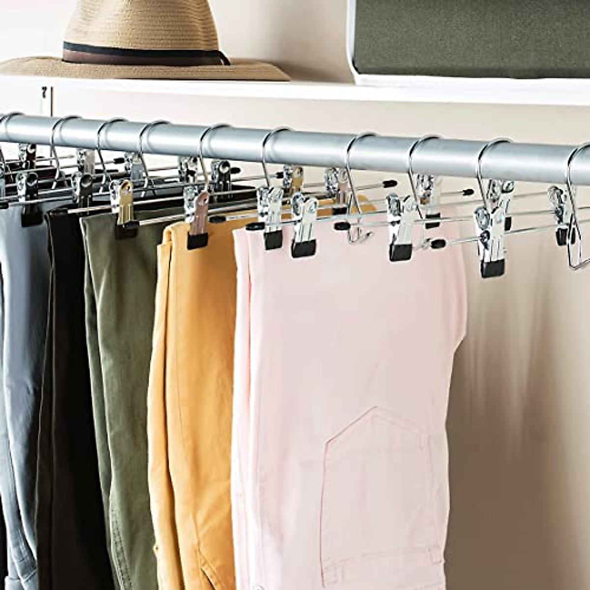 Zober Metal Skirt Hangers - Pack of 10 Pants Hangers with Clips - Multi Stackable Space Saving Hangers - Adjustable Clip for Skirts, Jeans, and Pants W/Non-Slip Grip