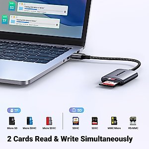 UGREEN USB SD Card Reader, USB 3.0 to Micro SD Card Reader Adapter, Aluminum Multi 2-in-1 Memory Card Readers for Camera SD MicroSD TF SDHC SDXC UHS-I Mac OS Windows Linux Computer PC Laptop