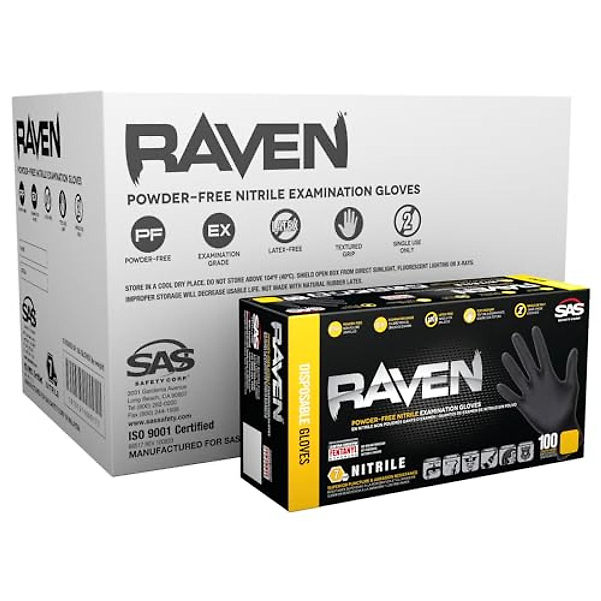 Raven SAS Safety 66518 6 mil Black Nitrile Disposable Gloves 7 Mil - Large - 10 Pack(100 Gloves per Box)