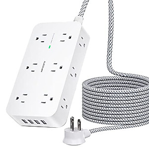 Power Strip Surge Protector- HANYCONY 3 Side 12 Wide Outlets 4 USB Ports, 5Ft Braided Extension Cord Flat Plug, Overload Surge Protection, Wall Mount, Desk Charging Station for Office Home ETL Listed