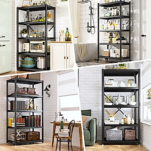 REIBII Storage Shelves with Wheels 5 Tier Metal Shelves for Storage Adjustable Metal Shelving with Wheels Portable Shelves Organizer Rack for Garage Kitchen Basement Pantry 65.5"H × 31.5"W × 15.5"D