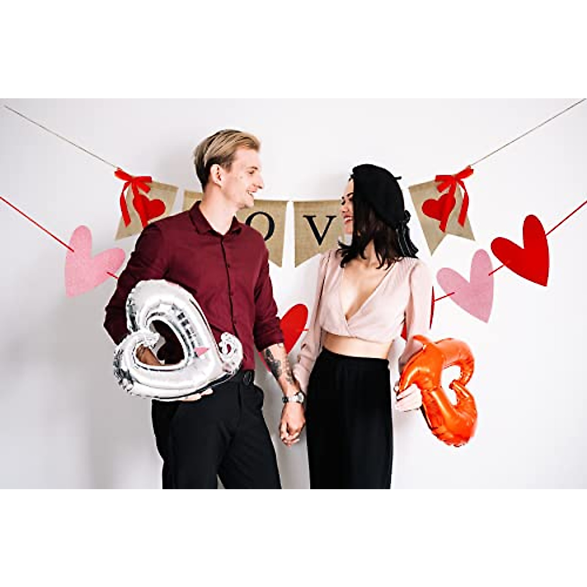 Valentines Day Decor, Love Burlap Banner Valentines Decorations Hanging Heart Garland Rustic Valentine Décor for Home Red Glittery Heart Banner Decor for Mantle Fireplace Wall