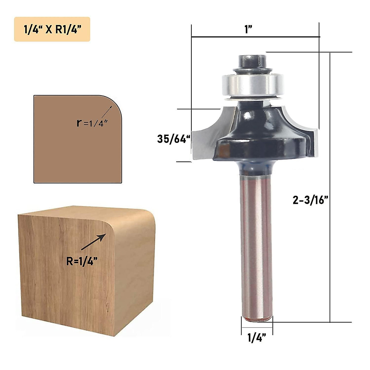 SICWOOD 4pcs Round Over Router Bits 1/4 Shank - Roundover Router Bit Set, Carbide Corner Rounding Edge-Forming Bit, Bearing Guide for Rounding Trim Radius 1/8", 1/4", 3/8", 5/16"…