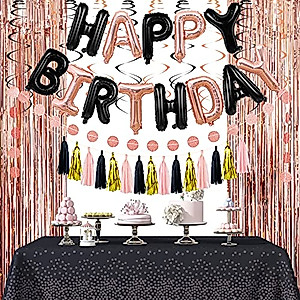 Black Rose Gold Birthday Decorations for Women Girl, Happy Birthday Party Decorations Supplies with Happy Birthday Banner, Table Runner for 1st 16th 21st 30th 40th 50th Girls Supplies