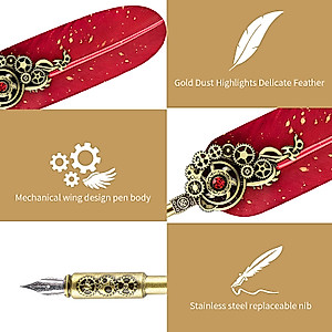 NC Quill Pen and Ink Set, Includes Quill Pen and 6 Bottles Color Ink, 5 Replaceable Nibs, Pen Holder, Christmas gifts,Valentine’s Day Gift,Birthday Gift, Calligraphy Set Holiday Ideal Gift.(Red)