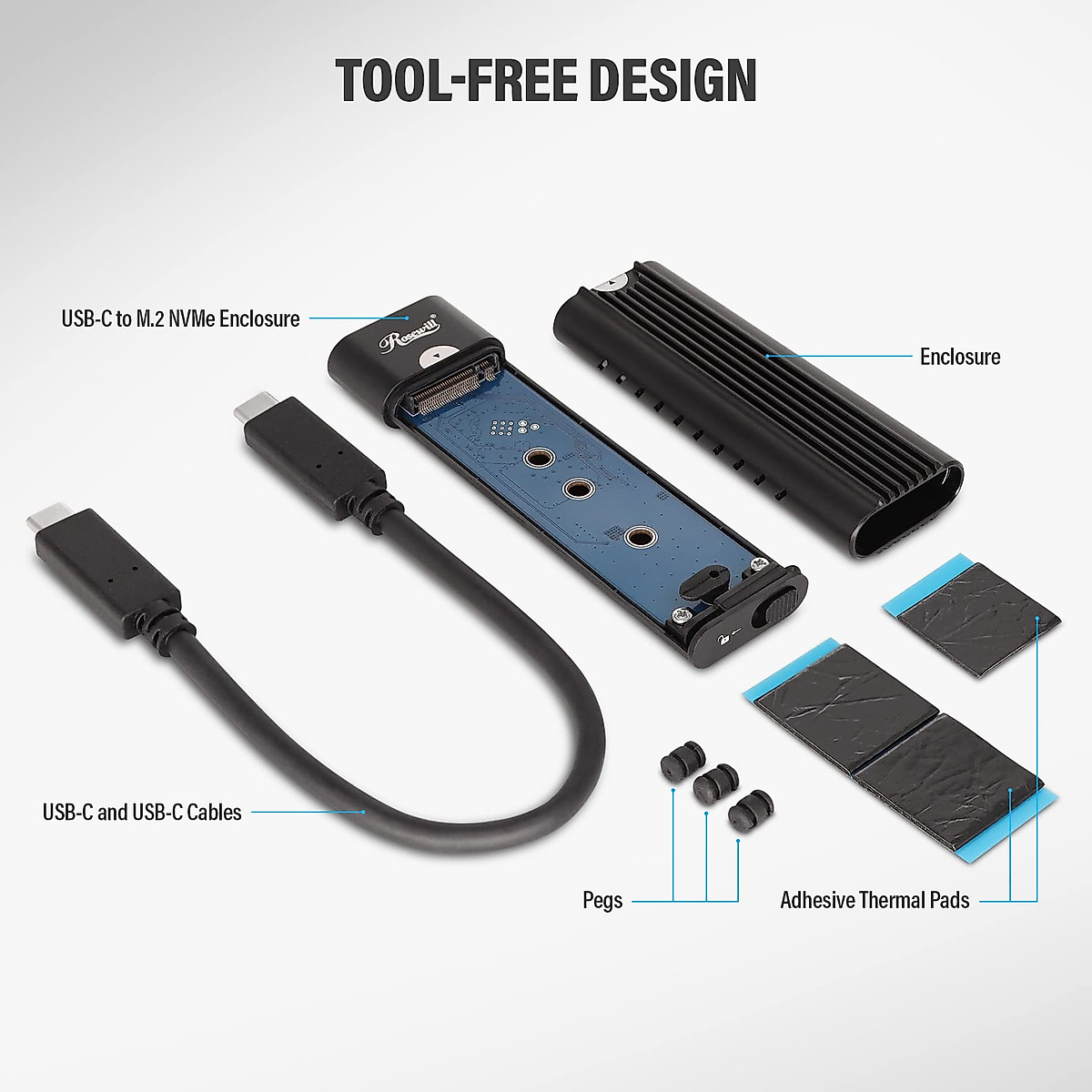 Rosewill USB-C to M.2 NVMe Tool-Free Enclosure Adapter, 10Gbps USB-C 3.1 Gen 2, Thunderbolt 3 Compatible, Supports M.2 NVMe SSDs 2230, includes USB-C and USB 3.0 Cables - RHUB-20001