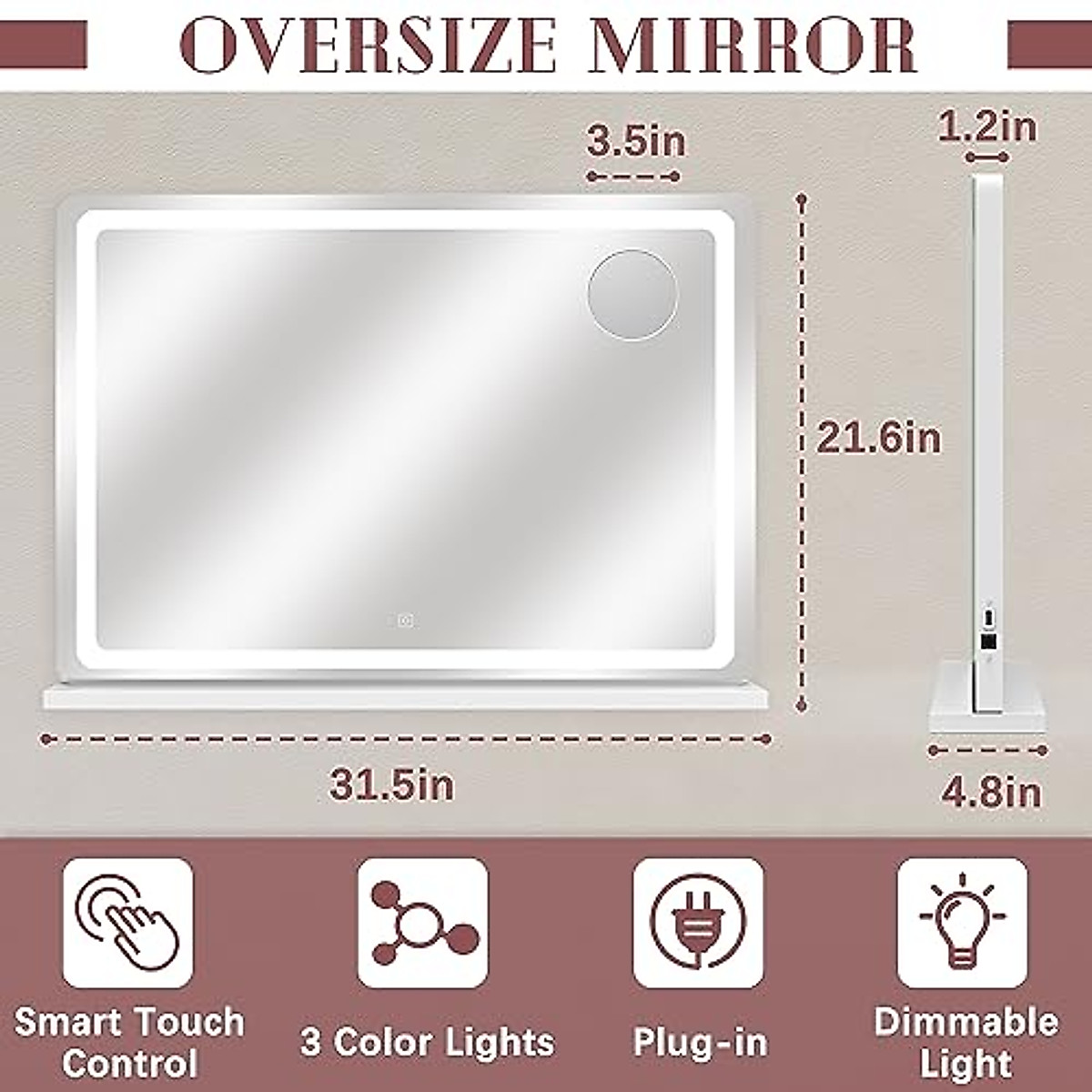 ROLOVE Vanity Mirror with Lights, 32" x 22" Large Lighted Vanity Mirror with Dimmable 3 Modes, LED Makeup Mirror with Detachable 10X Magnification, Touch Screen Control, for Makeup Desk, Dressing Room
