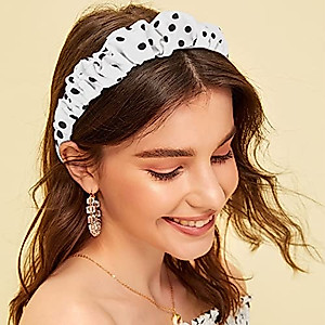 Roncidy Boho Wide Headband Polka Dot Printed Hair Bands Scrunch Hair Hoop Headbands with Hair Scrunchies Elastic Ruched Hairband for Women and Girls,1 Set (White)