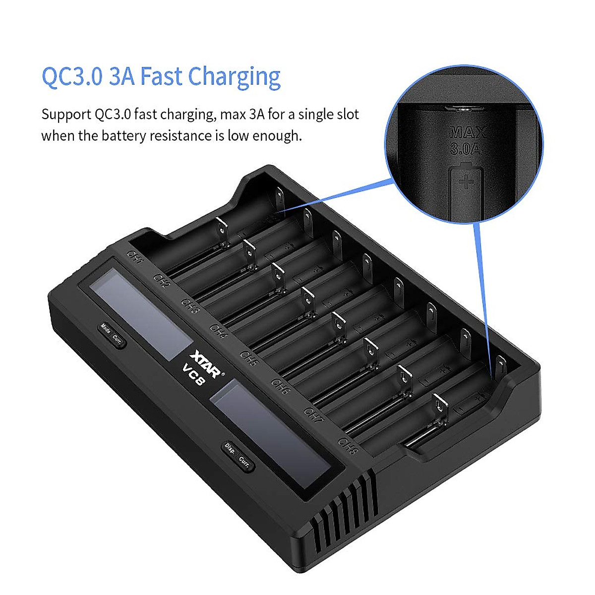 8 Bays Charger USB C Battery Charger XTAR VC8 Type C 3A Fast Charger 8-Bay Smart Charger LCD Display for 3.6V 3.7V Li-ion 1.2V Ni-MH C (Package Not Including Battery)