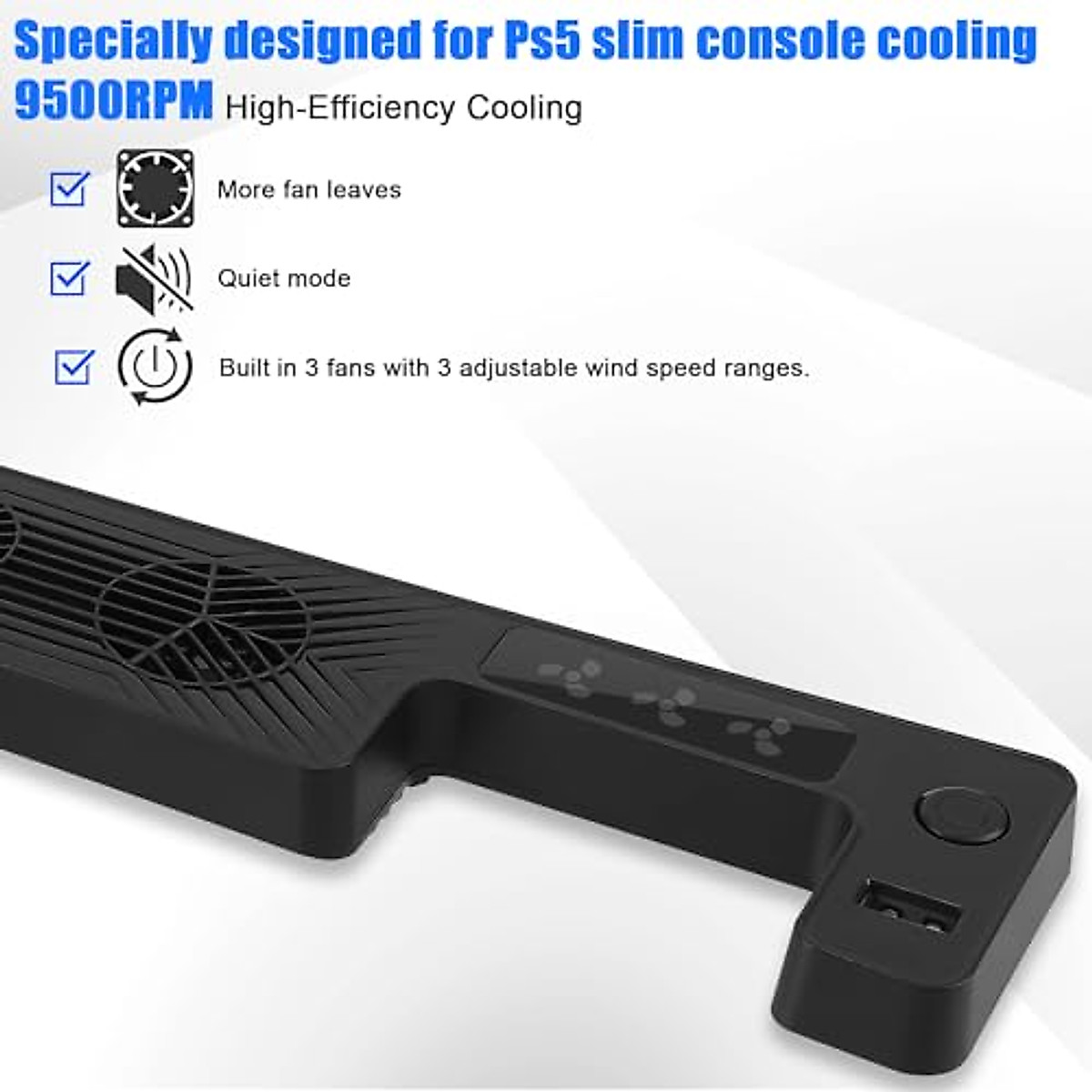 PS5 Slim Cooling Fan, SIKEMAY New PlayStation 5 Slim Console Accessories Cooler with USB Port and 3 Adjustable Quiet 9500-Speed Fans, Cool LED Light for PS5 Slim Digital/Disc Edition System (Black)