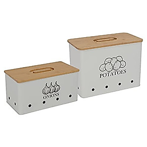 Xbopetda Potato Onion Storage Box, Food Container Sets, Storage Canisters for Vegeatables, Set of 2 Jars Pots Containers, Potato & Onion Bin with Aerating Tin Storage Holes & Bamboo Lid-White