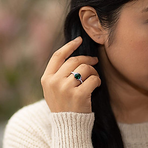 PEORA Created Emerald Ring in 14K White Gold with Genuine White Topaz, Designer Cushion Cut, 2 Carats, Comfort Fit, Size 8