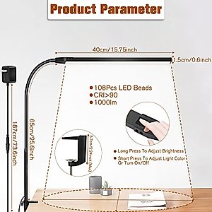 Aedcbaide Desk Lamp for Home Office 108PCS LED Desk Lamp 40CM Head Flexible Gooseneck Desk Light, Eye-Caring Touch Control, 3 Color Modes Stepless Dimmable Brightness Clamp Lamp for Reading Study