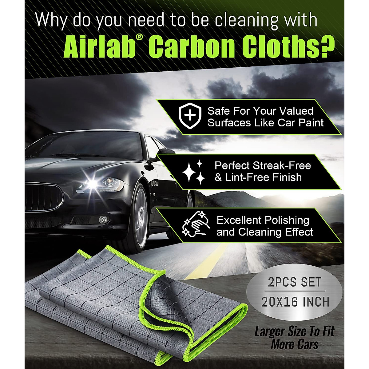 Airlab Carbon Microfiber Towels for Car Glass Window Polishing Cleaning Cloth Auto Detailing Lint Free Streak Free Drying Car Wash Large Towel, Pack of 2, 20"x16", 400GSM