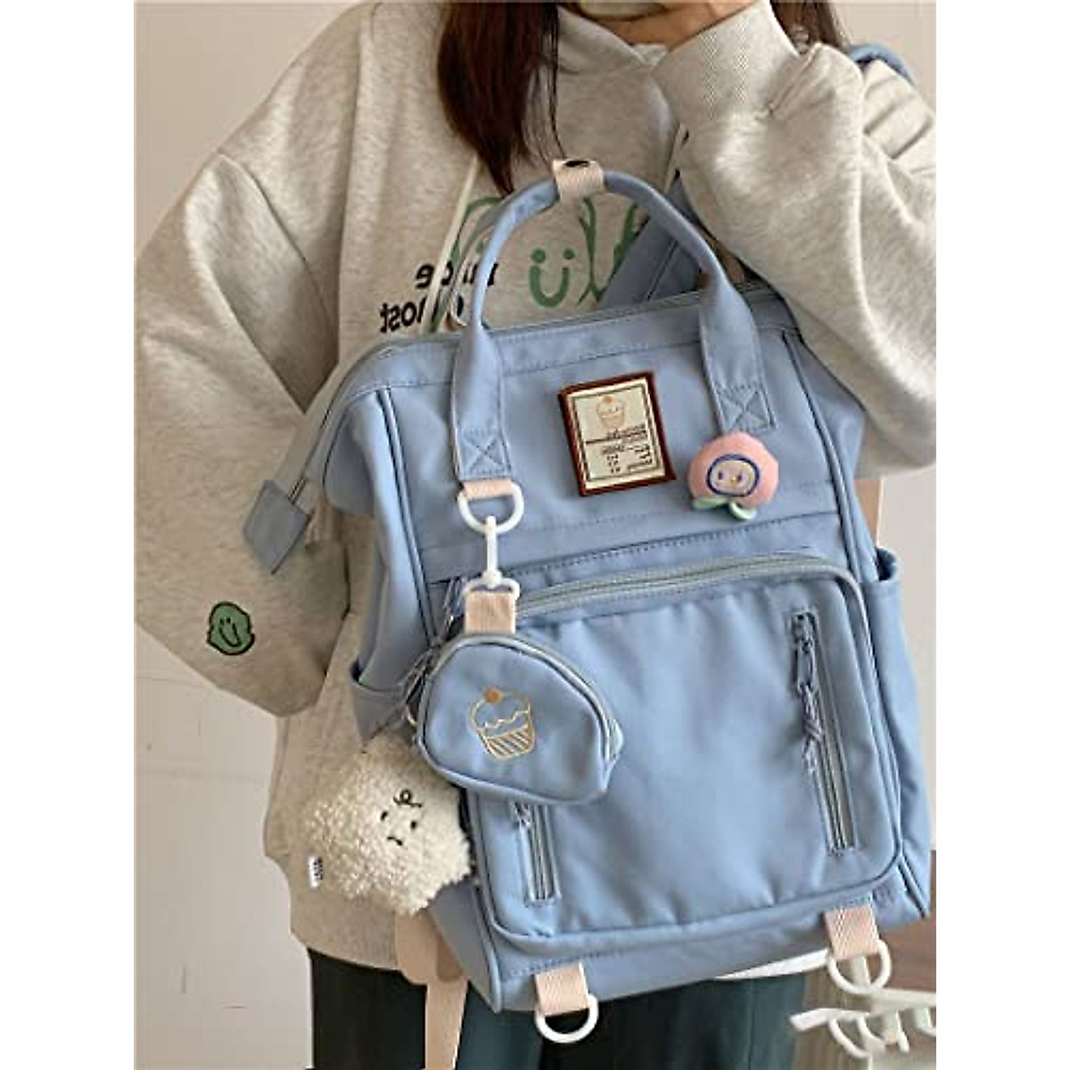 Kawaii Backpack Purse Back to School Aesthetic Bag Large Capacity (Blue)