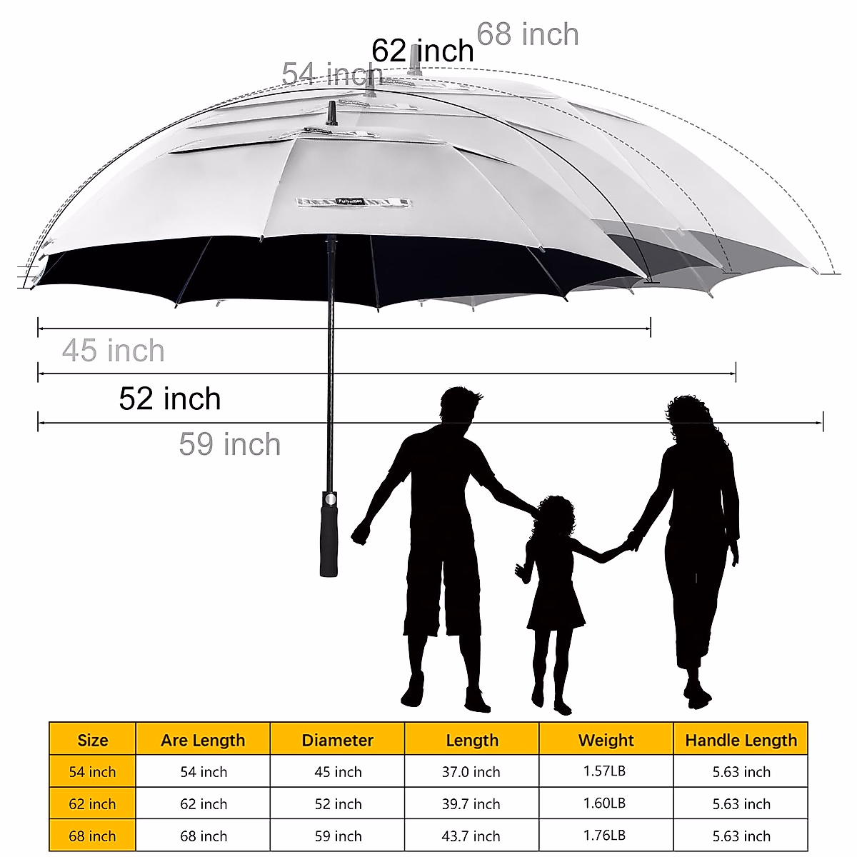 Fulynmen 68 Inch UPF 50+ Sun Umbrella UV Protection UV Umbrellas For Sun Protection Large Golf Umbrella Windproof UV Protection Umbrella Double Canopy Vented Auto Open Silver/Black