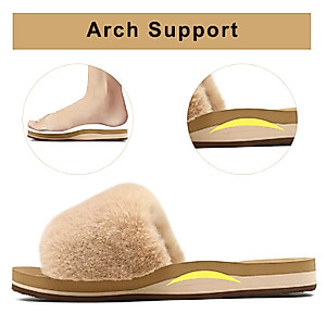 COFACE Fuzzy Slippers for Women Open Toe Fluff Womens House Slippers with Arch Support Plantar Fasciitis Orthotic Orthopedic Woman Slippers Size 7 Indoor Faux Fur Slides