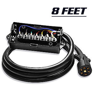 OPL5 7 Way Trailer Plug 8 Feet Heavy Duty Inline Trailer Cord with 7 Gang Wiring Junction Box Weatherproof 7 Pin Trailer Wiring Harness Include Plug Holder for Campers Caravans Food Vans