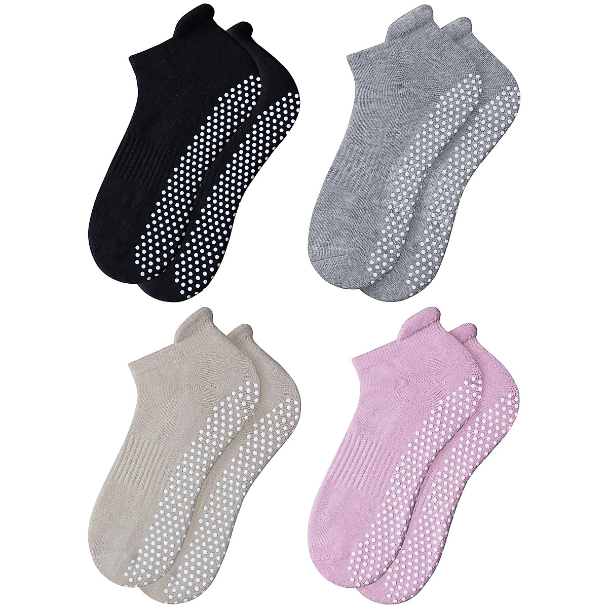 RATIVE Anti Slip Non Skid Barre Yoga Pilates Hospital Ankle Socks with grips for Adults Men Women (Large, 4-pairs/black+beige+grey+pink)