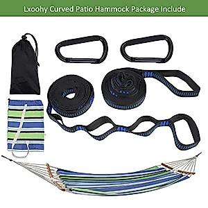 Lxoohy Portable Patio Double Hammock with Travel Bag, 2 Person Outdoor Hammock with Foldable and Curved Spreader Bar, D Rings and Tree Straps for Camping, Picnic, Backyard, Green Blue