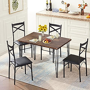 VECELO Kitchen Dining Room Table Set for Dinette, Breakfast Nook, 4 PU Metal Frame Chairs,Rectangular, Brown