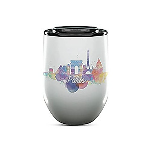 Paris France Gifts and Souvenirs - 12 Oz Insulated Wine Tumbler with Lid - Paris College Graduation Gifts - Unique Drinkware - Europe Long Distance Gifts for Her & Homesick Student Gifts