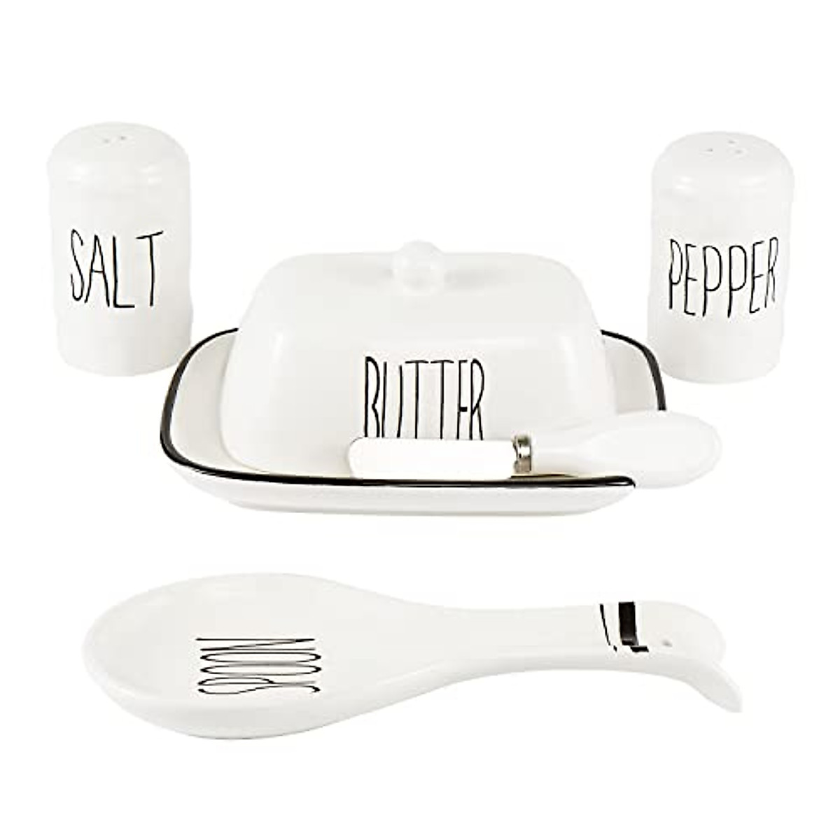 Ceramic Butter Dish with Lid Butter Knife, Spoon Rest, Salt and Pepper Shakers 5 in 1 Set, Gifts for Cooking Lovers, Food Safe, Ceramic, Snack Time, Rust-Free, White