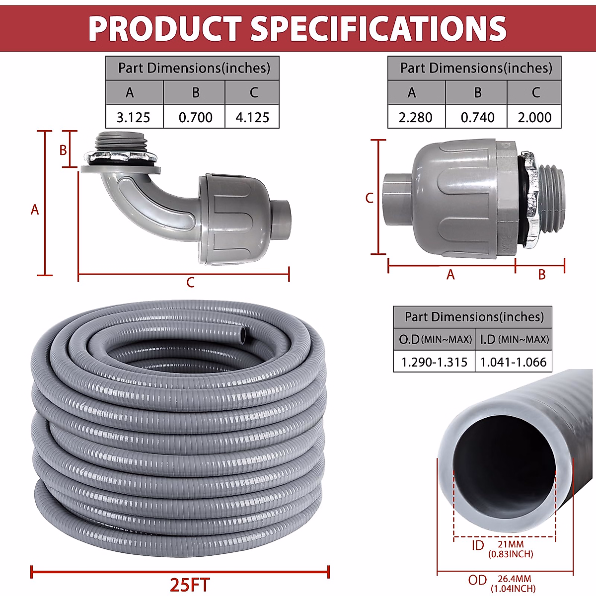 VASALAID 1/2inch 25ft Electrical Conduit Kit, Flexible Non Metallic Liquid Tight Conduit, Flexible Conduit with 6 Straight and 3 Angle Fittings, Not Include 10-AWG 3 Colour Wire (1/2" Dia)