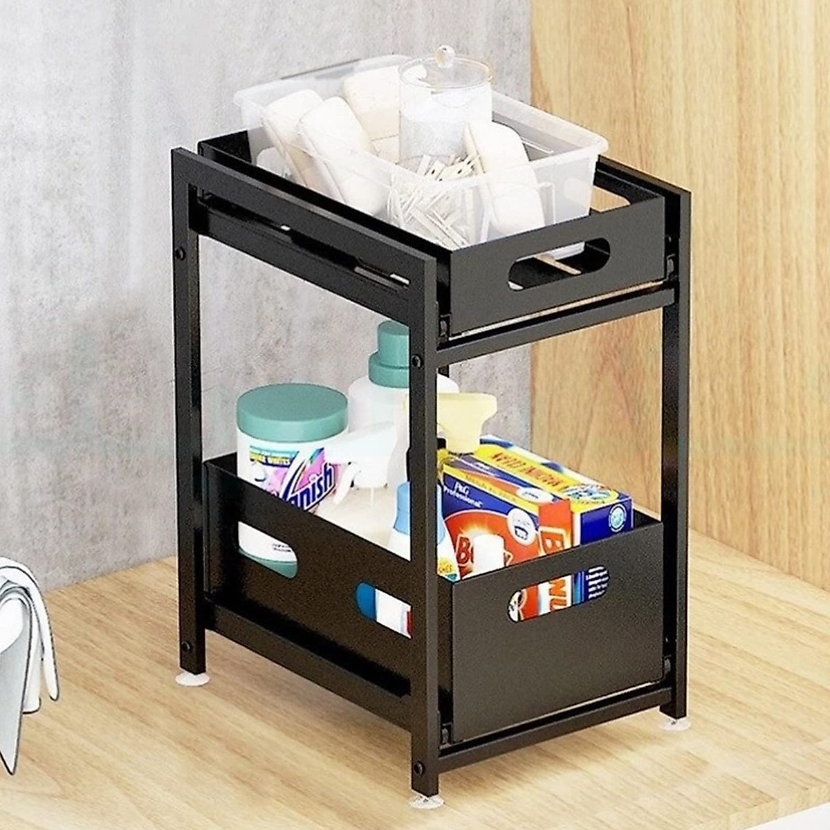 Ganggend 2 Tier Under Sink Organizer, 9.25" L x 11.81" W x 16.53" H Bathroom Organizer Cabinet Storage with Pull Out Drawers, Under The Sink Organizer For Bathroom, Living Room, Kitchen Black