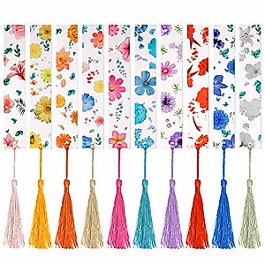 BOWINR 10 Pieces Flower Acrylic Bookmarks Transparent Resin Floral Bookmarks with Colorful Tassels for Women Teachers Kids Students Book Lovers, 10 Styles