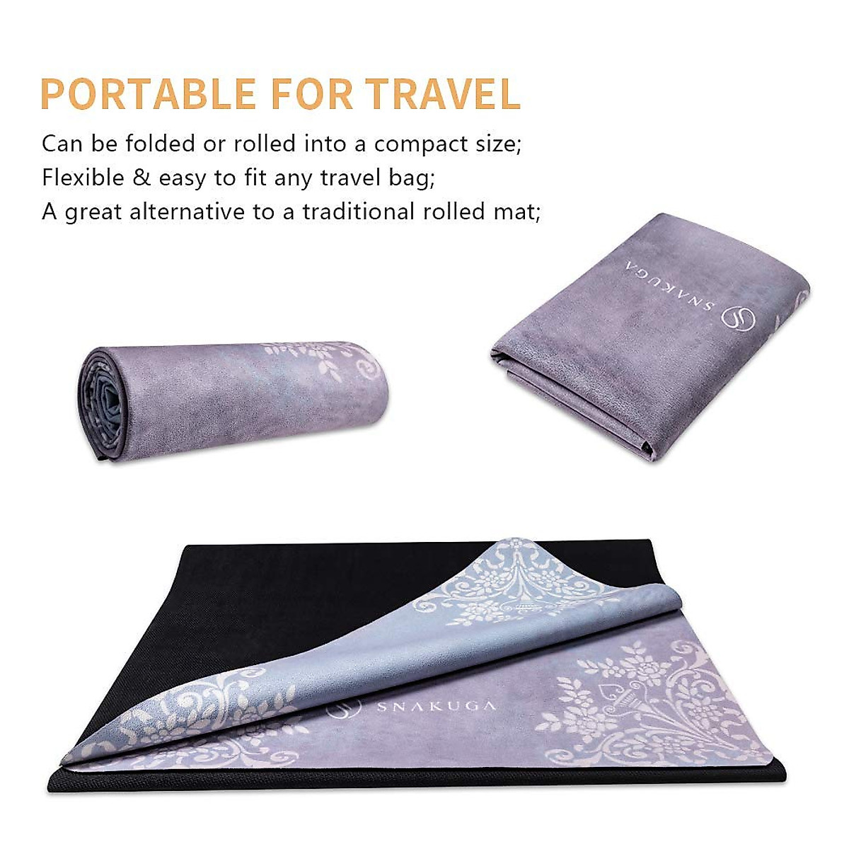 SNAKUGA Travel Yoga Mat, Non Slip Exercise Suede Mat with Carry Bag, All-Purpose Fitness Mat with High Density Anti-Tear Surface for Women, Ideal for Pilates Workout (72'' x 26'' x 1.5mm Thick)
